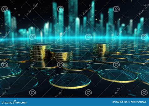 Stacks Of Gold Coins With Binary Code On A Dark Blue Background 3d