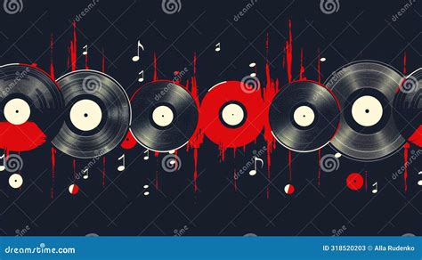 abstract banner featuring vinyl records and musical notes in a red and