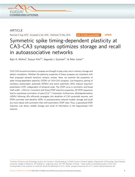 Pdf Symmetric Spike Timing Dependent Plasticity At Ca3 Ca3 Synapses Optimizes Storage And
