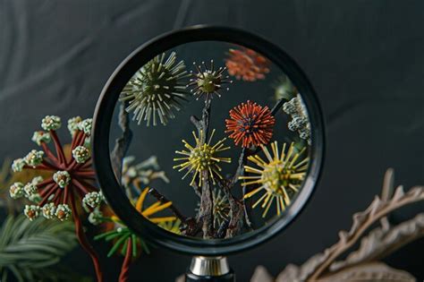 Premium Photo Magnifying Glass With Different Types Of Virus On Lens