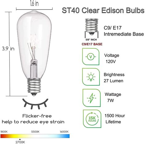 St40 Edison Bulbs 7 Watt E17 Intermediate Screw Base Clear Edison