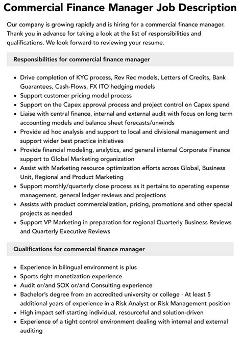 Commercial Finance Manager Job Description Velvet Jobs
