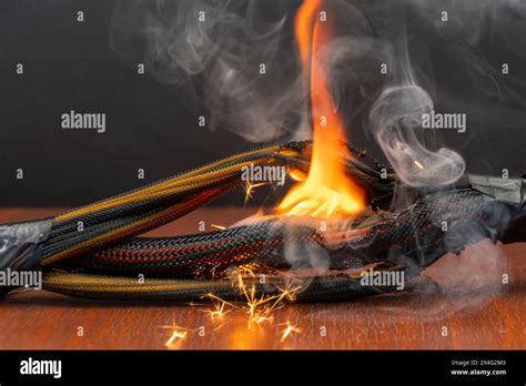 Electrical wiring and wires are lit on a dark background. A short circuit in the twisted wires ...