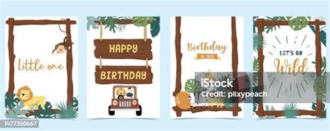 사파리 배경 세트의 나무 프레임 컬렉션입니다 생일 초대장 엽서 및 스티커에 대 한 편집 가능한 벡터 그림 사파리 여행에 대한 스톡 벡터 아트 및 기타 이미지 Istock