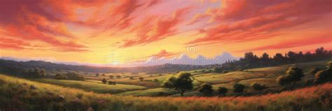 Sunrise Over Grassy Plain Photo Realistic Illustration Generative Ai