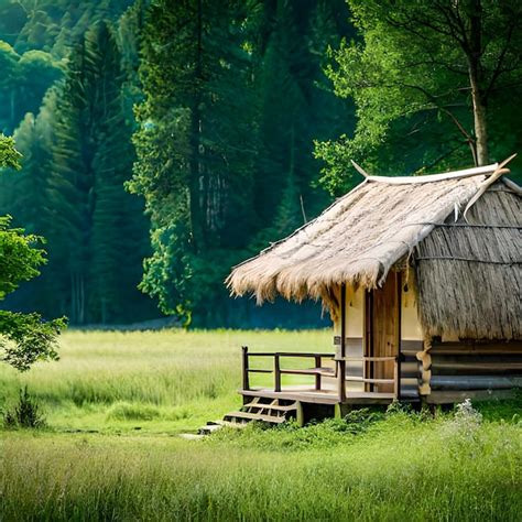 Premium Ai Image A Small Hut In A Field With Trees In The Background