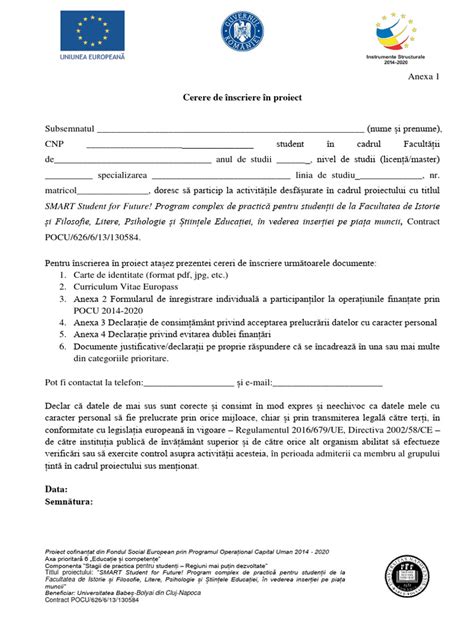 Anexa 1 Cerere Inscriere Proiect Pdf