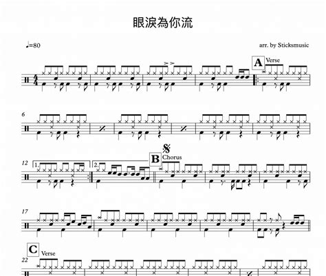 眼泪为你流鼓谱 陈百强《眼泪为你流》架子鼓爵士鼓鼓谱 318曲谱