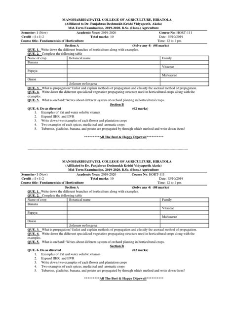 Hort 111 Mid Exam 2019 Pdf Horticulture Plants