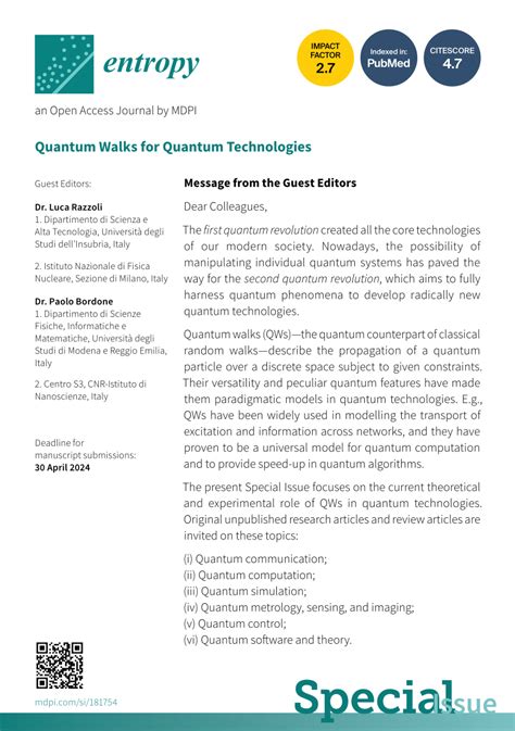 Pdf Special Issue Quantum Walks For Quantum Technologies