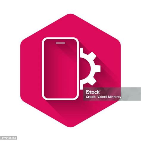 긴 그림자 배경으로 격리 된 화이트 전화 수리 서비스 아이콘 조정 서비스 설정 유지 보수 수리 고정 핑크 육각형 버튼 벡터 개념에 대한 스톡 벡터 아트 및 기타 이미지