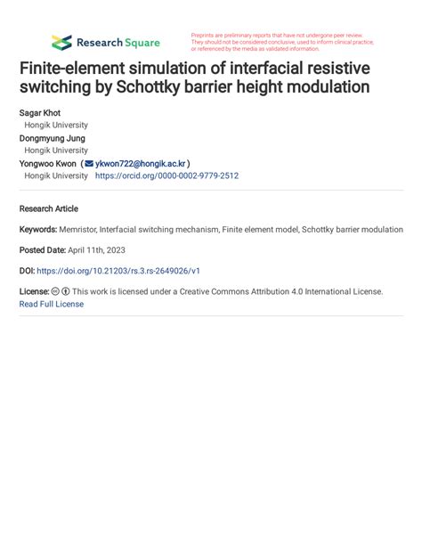 Pdf Finite Element Simulation Of Interfacial Resistive Switching By Schottky Barrier Height