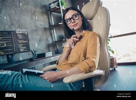 Profile Side View Portrait Of Attractive Minded Girl Writing Notes Creating Data Developing Web