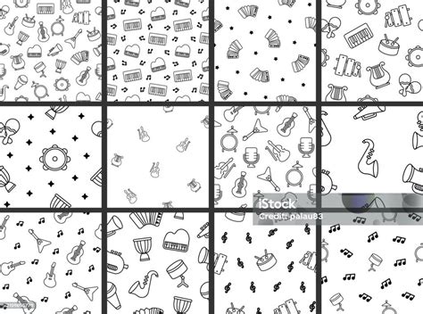 악기 원활한 패턴 색칠 공부 페이지 클래식 오케스트라를 위한 음악 손으로 그린 스타일입니다 벡터 그리기 디자인 장식품 컬렉션 0명에 대한 스톡 벡터 아트 및 기타 이미지
