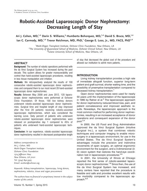 Pdf Robotic Assisted Laparoscopic Donor Nephrectomy Decreasing