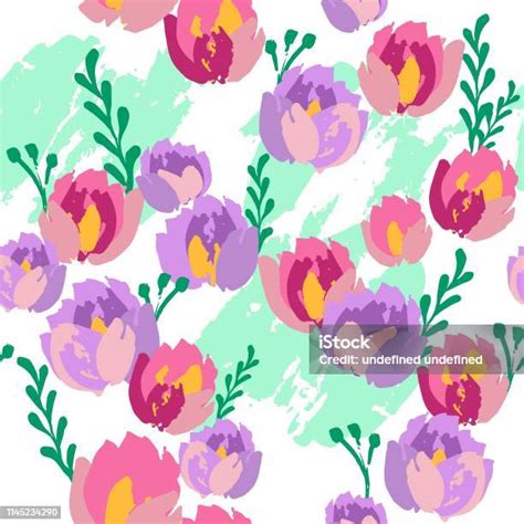 白緑の背景にピンクと紫の花とのシームレスなパターン イラストレーションのベクターアート素材や画像を多数ご用意 イラストレーション