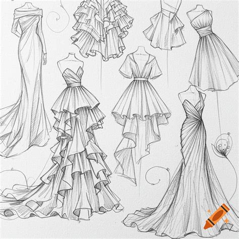 Pencil Sketches Of Various Elegant Dresses And Gowns On A White
