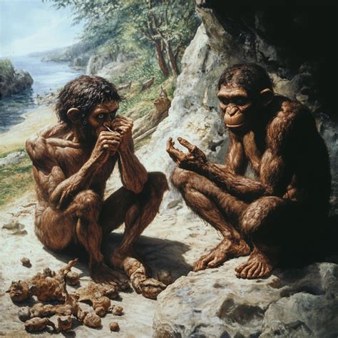 Scene Depicting The Evolution Of Early Human Anatomy From Australopithecines To Homo Erectus