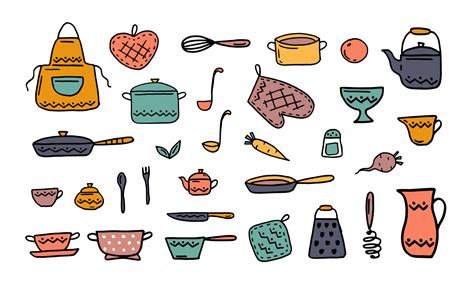 Conjunto De Utensílios De Cozinha Mão Desenho Esboço Com Estilo Doodle