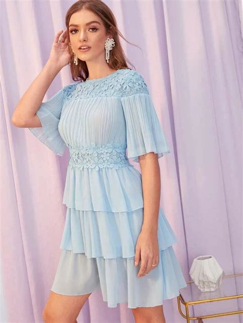 Shein Guipure Lace Yoke And Waist Pleated Bodice Layered Dress Mesh