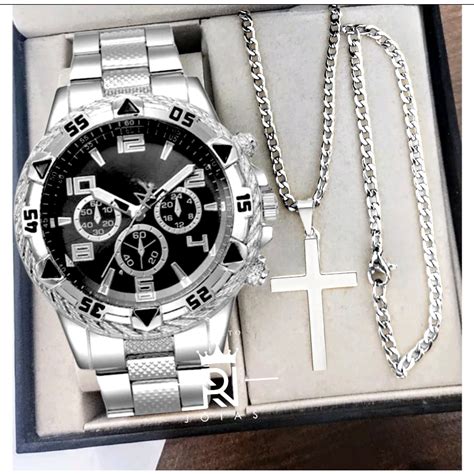 Relógio Masculino Aço inox Conjunto c Corrente Pulseira e Pingente