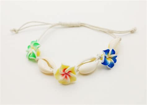 Cowrie Shell Ankletsbracelets Plumeria Beads And Cotton Cord Handmade