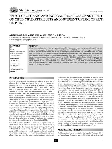 Pdf Effect Of Organic And Inorganic Sources Of Nutrient On Yield