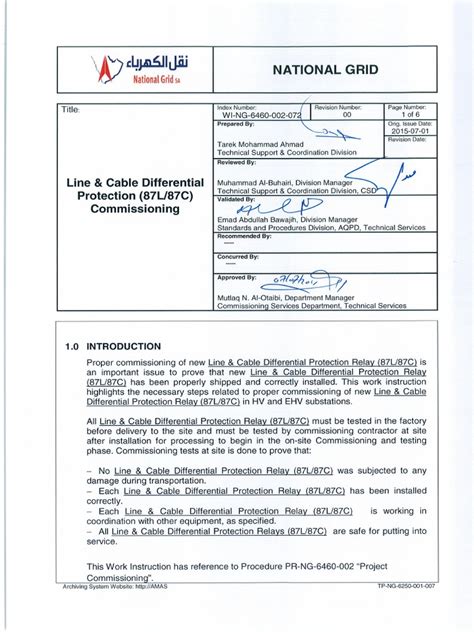 Wi Ng 6460 002 072 Work Instruction For Line And Cable Differential Protec Pdf Relay