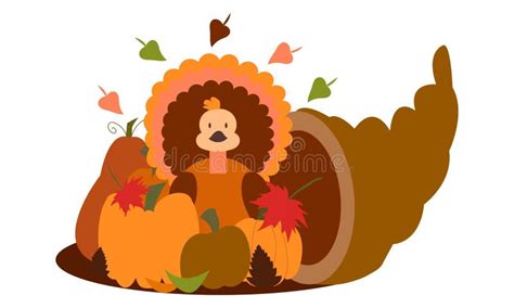 Hand Drawn Cute Flat Turkey Pumpkin Cornucopia Pinecone Leaves