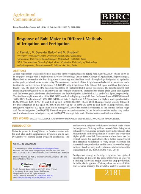 Pdf Response Of Rabi Maize To Different Methods Of Irrigation And Fertigation