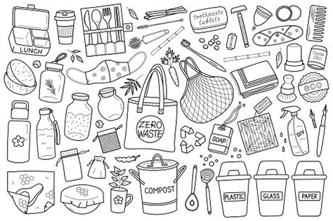 제로 폐기물 손으로 그린 세트 재사용 가능한 플라스틱 품목의 낙서 아이콘 생리컵의 벡터 일러스트레이션 유리 항아리 플라스틱 프리 백 도시락에 대한 스톡 벡터 아트 및 기타