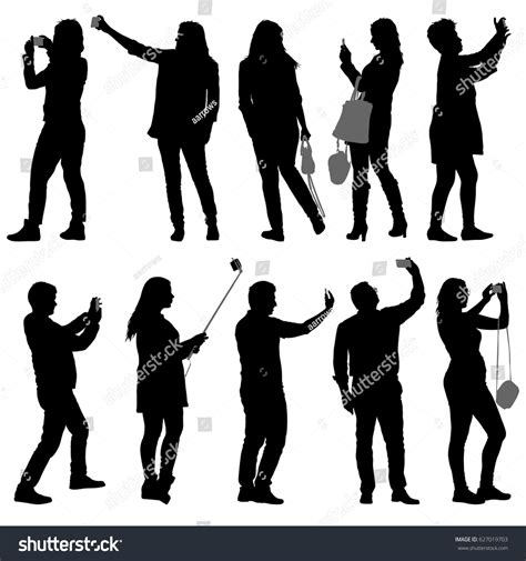 흰색 스마트폰으로 셀카를 찍으면서 실루엣 남자와 스톡 벡터로열티 프리 627019703 Shutterstock