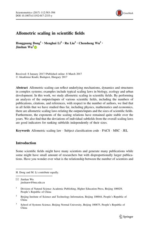 Pdf Allometric Scaling In Scientific Fields