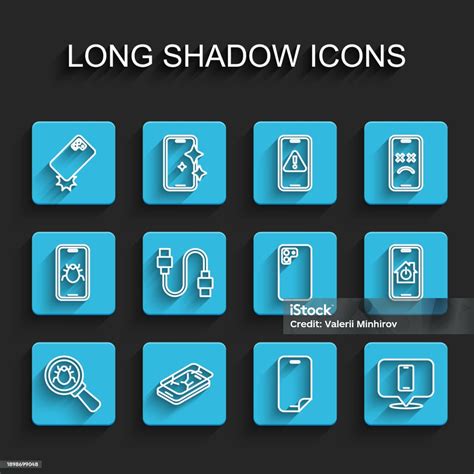 세트 라인 시스템 버그 깨진 화면이 있는 모바일 충격 방지 전화 유리 보호기 전화 수리 서비스 Usb 케이블 코드 스마트 홈 및 스마트폰 아이콘 벡터 Brand Name