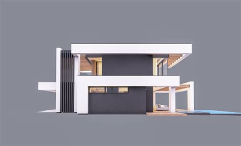 회색에 고립 된 저녁에 고급스러운 스타일로 현대적인 집의 3d 렌더링 0명에 대한 스톡 사진 및 기타 이미지 0명 가정