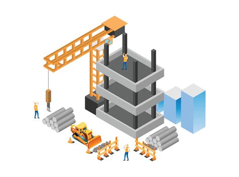 Modern Isometric Construction Site Development Progress Illustration