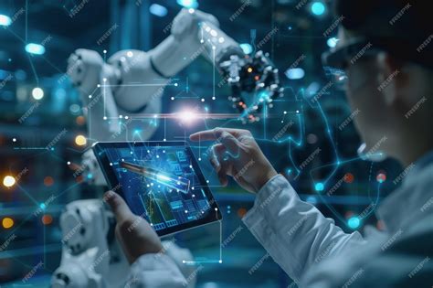 premium photo an engineer uses a digital tablet to control a robotic