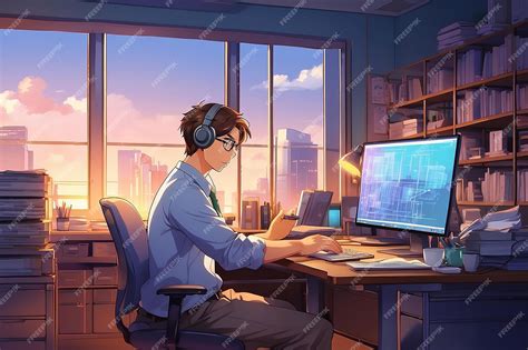 Premium Ai Image Anime Engineer Working On A Computer In Office Engineering And Architecture