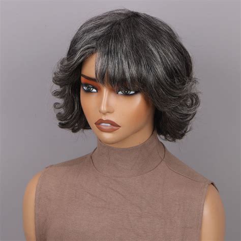 Medium Salt And Pepper Wear Go Glueless Human Hair Wigs With Bangs No