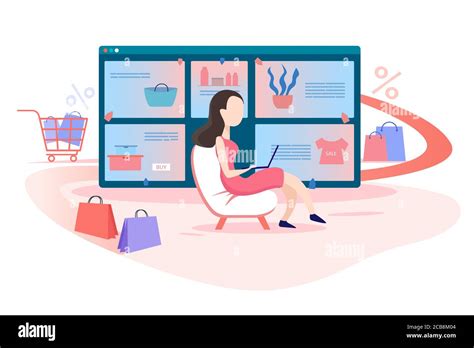 Online Shopping Flat Vector Illustration Buyer Using Laptop Purchasing Products In Internet