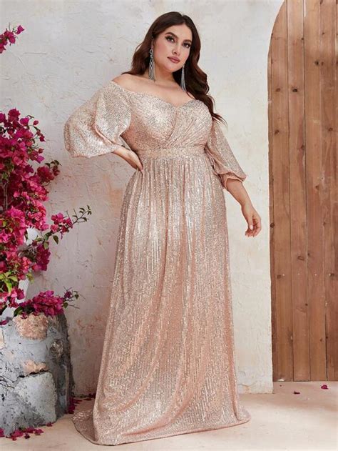 Fniseti Plus Off Shoulder Lantern Sleeve Sequin Dress Shein Usa