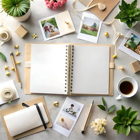 A Flat Lay Of An Open Notebook With Blank Pages Surrounded By Various Stationery And Decorative