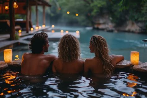 Three Friends Relaxing In A Hot Tub At Night In A Lush Tropical Setting