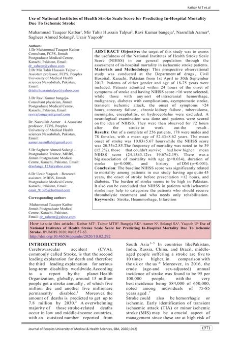 Pdf Use Of National Institutes Of Health Stroke Scale Score For Predicting In Hospital