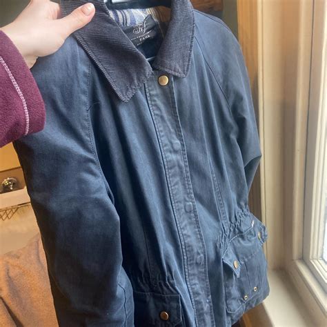 Zara Navy Wax Jacket With Gold Hardware And Tartan Depop