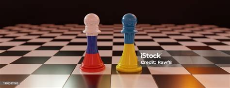 러시아 Vs 우크라이나 위기 전쟁 위협 갈등 체스판에 체스 조각에 플래그 3d 렌더 3차원 형태에 대한 스톡 사진 및 기타
