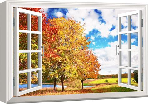 Aefer Canvas Print Wall Art Window View Of Red Orange Fall Trees