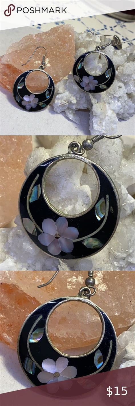 Vintage Abalone Mop Alpaca Silver Inlay Earrings Dangle Flat Hoops