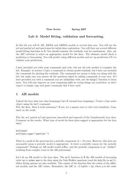 Lab 3 Model Fitting Validation And Forecasting 1 Ar Models