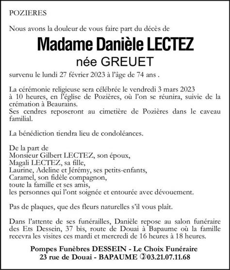 Madame Danièle LECTEZ Pompes Funèbres Dessein